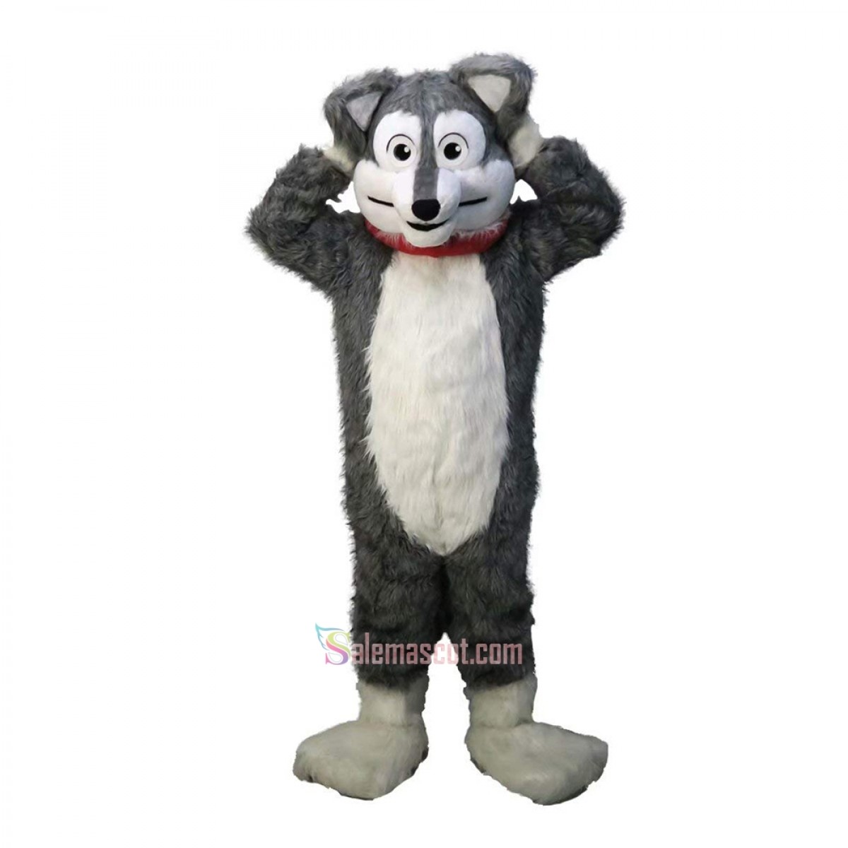 Long-Haired Grey Husky Wolf Mascot Costume